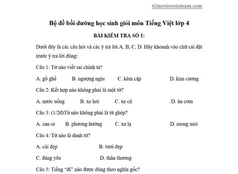 Bộ đề Thi Học Sinh Giỏi Môn Tiếng Việt Lớp 4 Giáo Viên Việt Nam