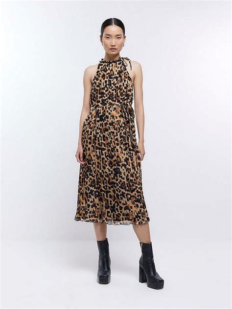 River Island Pleated Midi Dress Brown Very