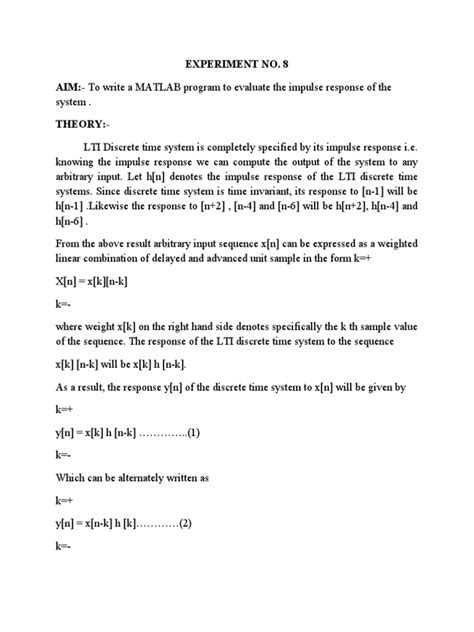 Experiment No 8 Aim To Write A Matlab Program To Evaluate The Impulse