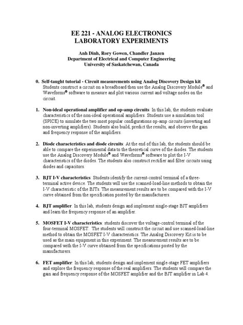 Laboratory Experiments Pdf Pdf Operational Amplifier Mosfet