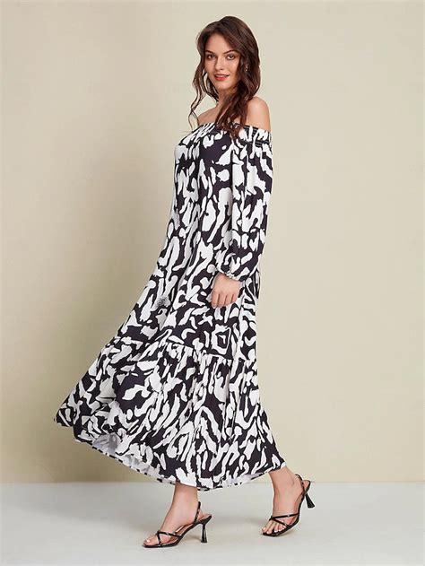 Satin Abstract Graffiti Print Off Shoulder Maxi Dress 2025 5599