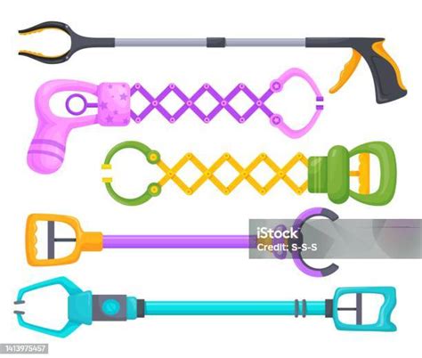 그래버 도구 쓰레기 줍기를위한 장난감 또는 스틱 발톱 기계 로봇 확장 가능한 팔 픽업 쓰레기 장치 피커 장비 기계 케이블 크레인 깔끔한 벡터 일러스트 레이 션 손잡이에 대한