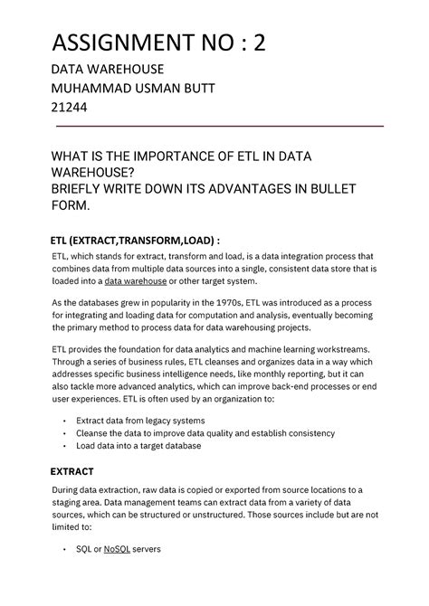 Data Ware House Assignment No 2 Assignment No 2 Data Warehouse Muhammad Usman Butt 21244