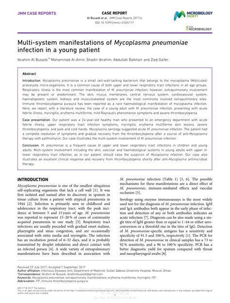 Pdf Multi System Manifestations Of Mycoplasma Pneumoniae Infection In
