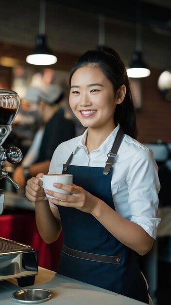 Smiling Asian Girl Barista Making Coffee Holding Cup Wearing Cafe