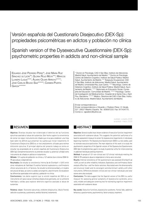 Pdf Versión Española Del Cuestionario Disejecutivo Dex Sp