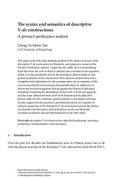 Pdf The Syntax And Semantics Of Descriptive V De Constructions A