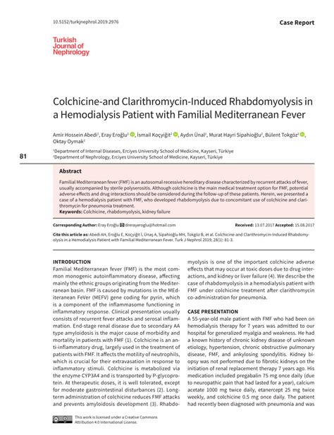 Pdf Colchicine And Clarithromycin Induced Rhabdomyolysis In A Hemodialysis Patient With