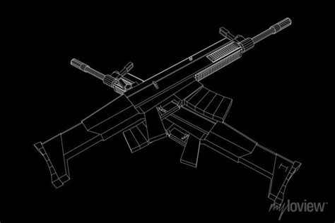 Assault Rifle Automatic Fire Rifle Model Wireframe Low Poly Posters