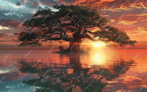 A Sunset With A Tree In The Water And The Sun In The Background