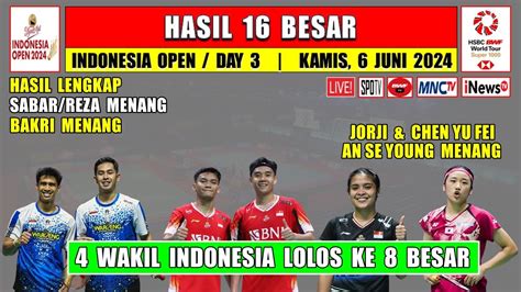 Hasil Lengkap 16 Besar Indonesia Open 2024 Hari Ini ~ SABAR/REZA & BAKRI Menang ~ 4 Wakil Ke 8 ...