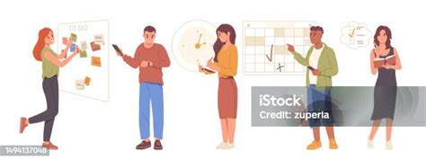 일정에 따라 작업하고 작업 시간을 계획하고 워크플로 세트를 구성하는 다양한 비즈니스 사람들 캐릭터 달력에 대한 스톡 벡터 아트 및 기타 이미지 Istock