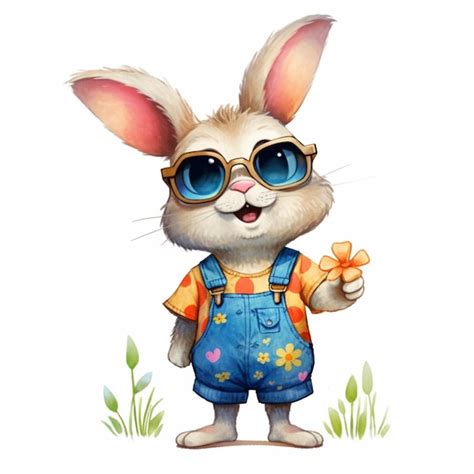 Conejo De Dibujos Animados Con Gafas De Sol Y Una Flor En La Mano