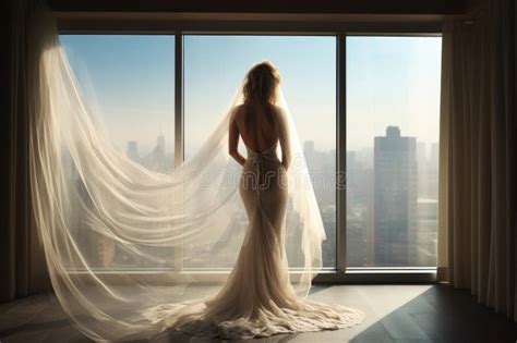 A Bride In A Wedding Dress And With A Veil Is Standing Near A Large