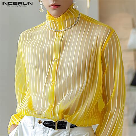 Incerun Men Korean Fashion See Through Turtleneck Long Sleeve Shirts Shopee Philippines