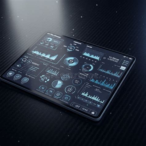 A Digital Tablet Displaying A Futuristic Interface With Various Charts