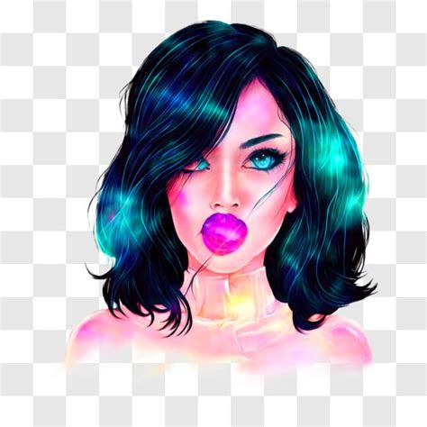 Download Woman With Blue Hair Blowing Bubblegum Pngs Online Creative