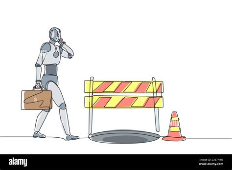 Single Continuous Line Drawing Robot Talking On Cell Phone He Does Not