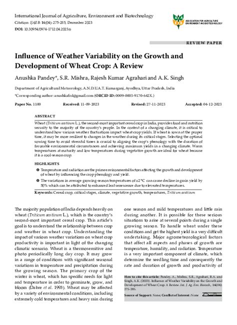 Pdf Influence Of Weather Variability On The Growth And Development Of Wheat Crop A Review
