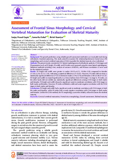 Pdf Assessment Of Frontal Sinus Morphology And Cervical Vertebral Maturation For Evaluation Of