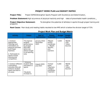 Project WORK PLAN And Budget Matrix Ssped PROJECT WORK PLAN And