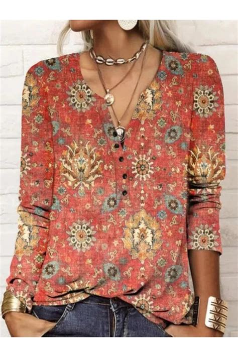 Red Casual V Neck Floral Printed Long Sleeve Blouse Azzlee