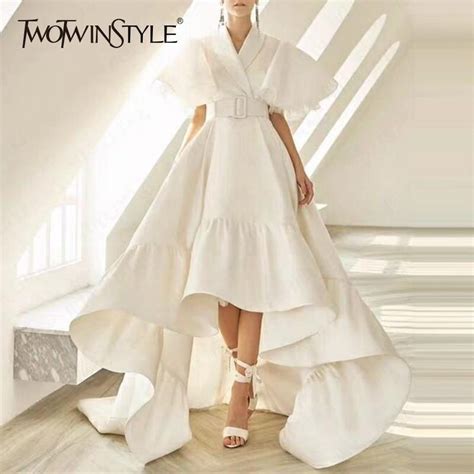 TWOTWINSTYLE Party Dresses Female V Neck Cloak Sleeve High Waist With Sashes Asymmetrical Long