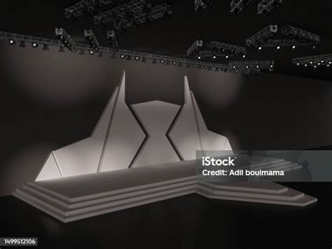 맞춤형 배경 디자인과 무대 계단이 있는 이벤트 무대 투시도 내부 홀 스포트라이트 천장 시스템 3d 렌더링 그림 0명에 대한 스톡 사진 및 기타 이미지 Istock