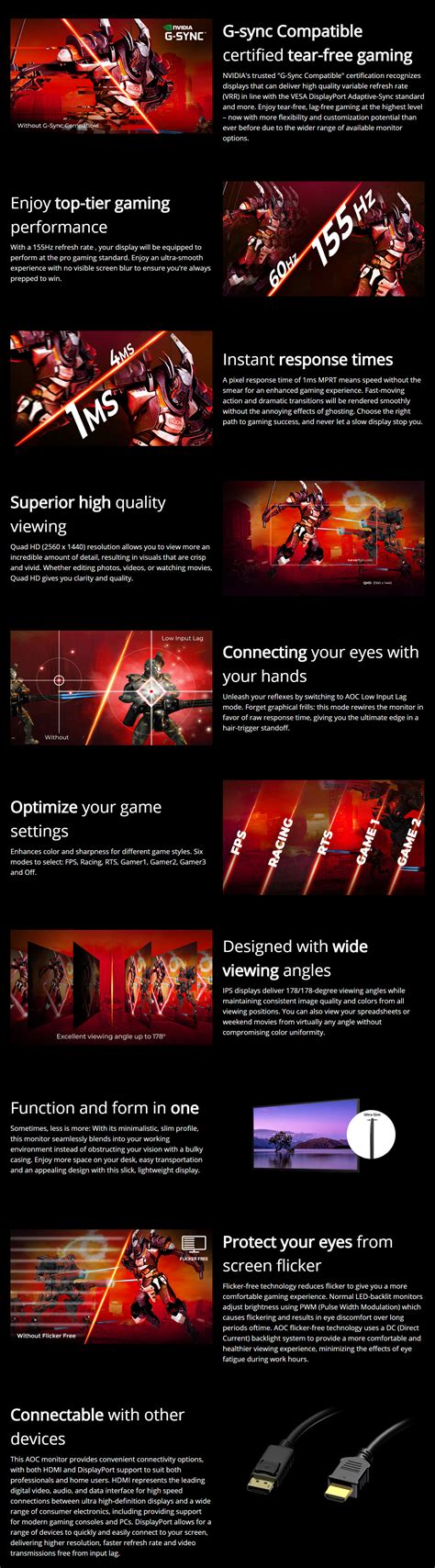 AOC 27in QHD IPS 155Hz Adaptive Sync Gaming Monitor Q27G2S Msy Com Au