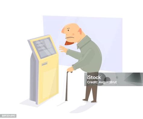막대기로 늙은이입니다 전자 큐에 대 한 티켓을 가져가 라 터미널을 통해 지불 노인에 대한 스톡 벡터 아트 및 기타 이미지