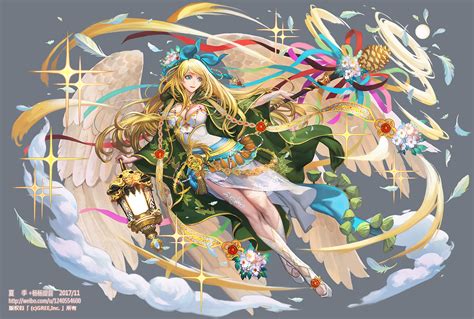 Angel Aqua Eyes Blonde Hair Breasts Cleavage Feathers Flowers Gray Long