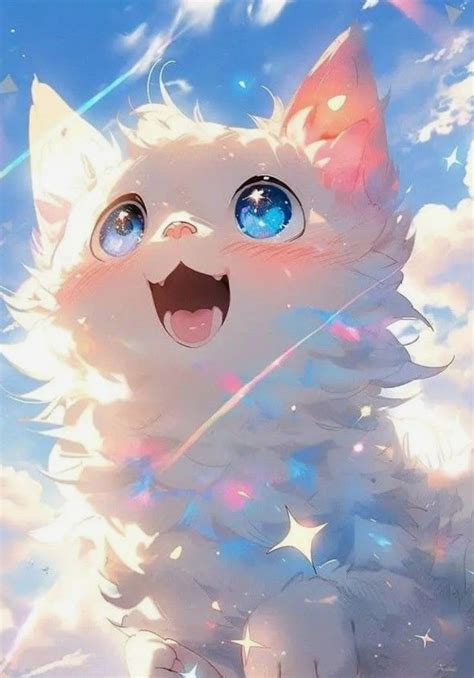 A White Cat With Blue Eyes Sitting On Top Of A Cloud Filled Sky And Smiling