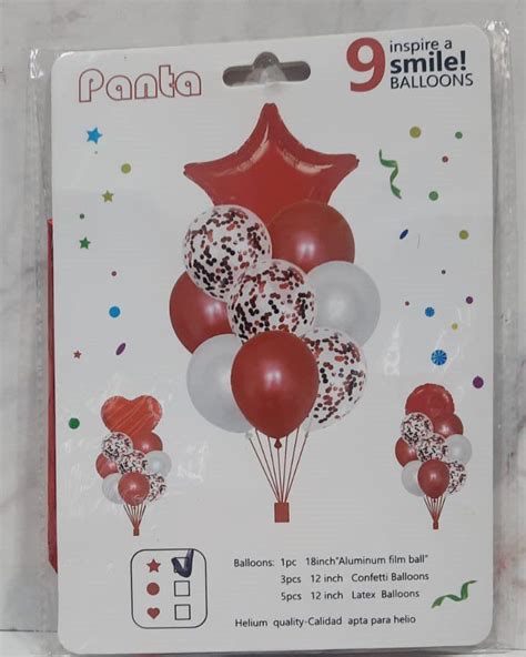 Set De 9 Globos Perlados Y Confeti Estrella Rojo Cotillón Martín