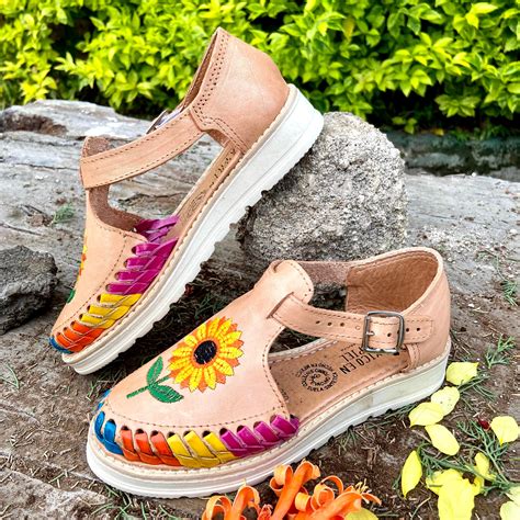 Mexican Leather Shoes With Sunflower Embroidered All Sizes