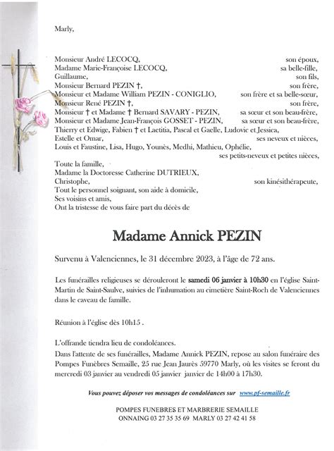 Avis De Décès De Annick Pezin Pompes Funèbres Semaille
