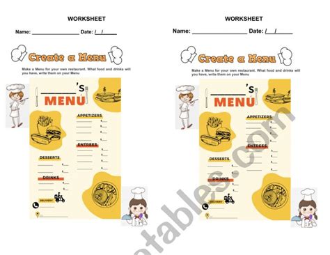 Create A Menu ESL Worksheet By Zzmonyzz