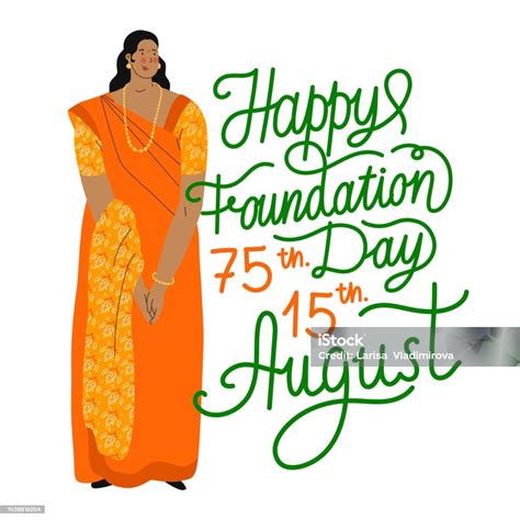 인도 여성과 견적 행복한 재단의 날 칠십오 75 년의 인도 독립 인사 8 월 15 일 인도 전통 휴일 국가 상징과 명소 벡터 일러스트레이션의 플랫 스타일 사람들에 대한 스톡