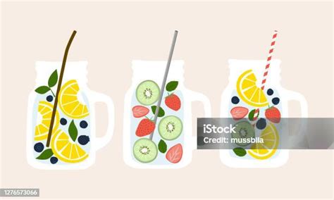 다양한 빨대 요소 컬렉션 벡터 일러스트 웹 메이슨 항아리 머그잔에 과일이 주입 된 물 해독과 다과 음료를 위해 물에 과일과 야채 효소워터에 대한 스톡 벡터 아트 및 기타