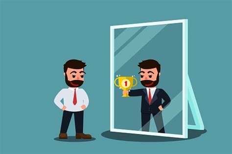 자신 있게 서서 거울을 들여다보는 사업가는 거울에 비친 자신의 성공하는 모습을 본다 사업가는 The Winner로 성장하는 것을 꿈꿉니다 트로피를 들고 있는 남자 사업 개념