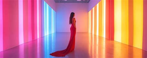 Woman In Red Dress Standing Between Colorful Striped Walls Premium Ai