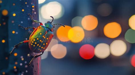 A Colorful Beetle With A Vibrant Iridescent Shell Clings To A Textured