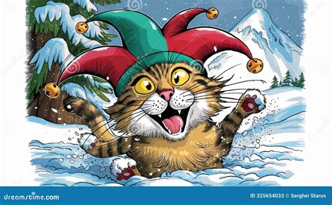 A Cartoon Cat In A Jester Hat Running Through The Snow Ai Stock Image