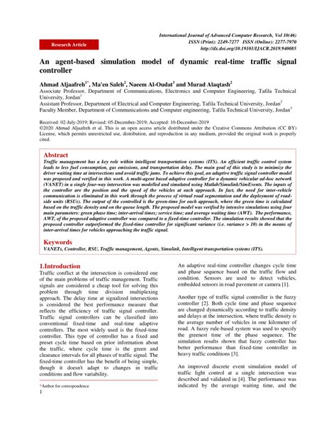 Pdf An Agent Based Simulation Model Of Dynamic Real Time Traffic Signal Controller