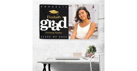 Graduation Photo Black Gold Cap Simple Bold Modern Banner Zazzle