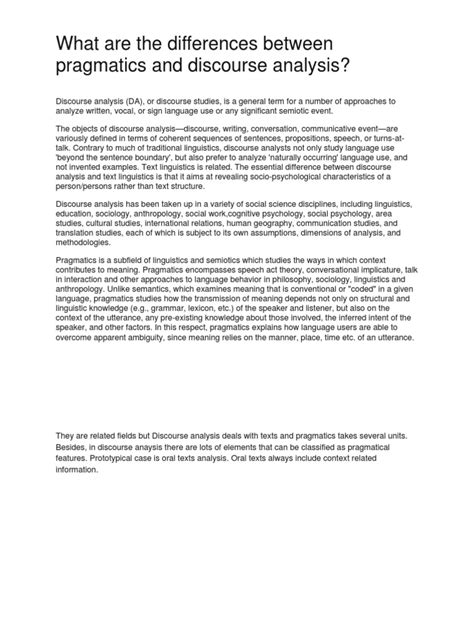 The Differences Of Discourse Analysis And Pragmatics Pdf Linguistics Semantics