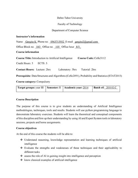 Introduction To Ai Course S Debre Tabor University Faculty Of Technology Department Of
