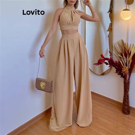 Lovito Casual Plain Lace Up Pleated Pants Set For Women Lne31013 Khaki