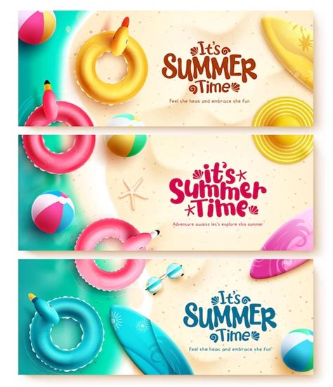 Premium Vector | Summer time banner set vector design it's summer time text with beach floaters ...