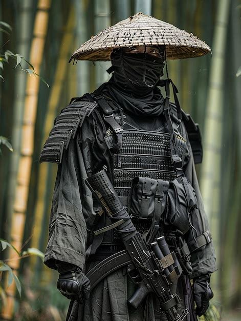 Modern Samurai Warrior Posing With Rifle In Bamboo Forest Premium Ai
