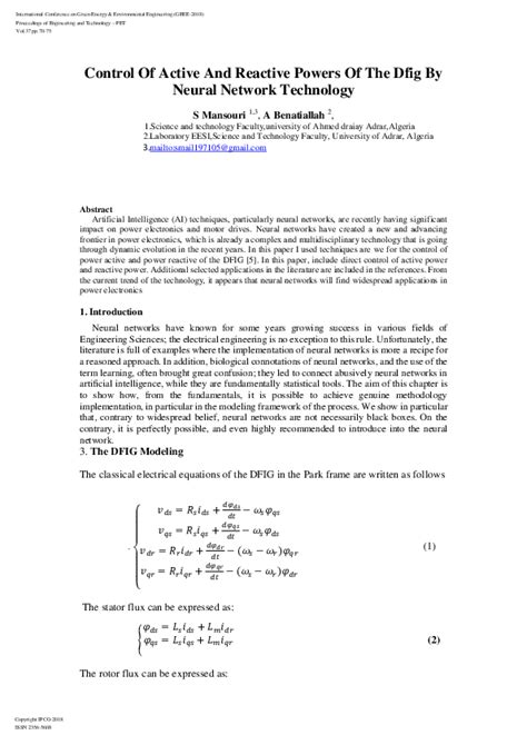 Pdf Control Of Active And Reactive Powers Of The Dfig By Neural Network Technology